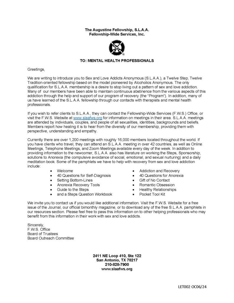 Free S.L.A.A. Outreach Materials - Sex and Love Addicts Anonymous (S.L ...